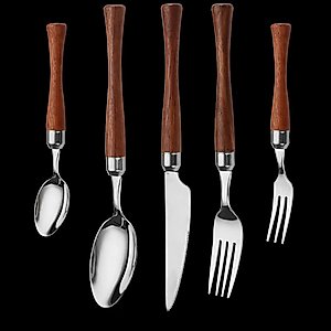 Wooden Silverware Set for 6 ，Retro 30 Pieces Stainless Steel Cutlery Flatware Cutlery Set for Gatherings Wedding Christmas Party Halloween Kitchen Mirror Polished - Pear Wooden Handle