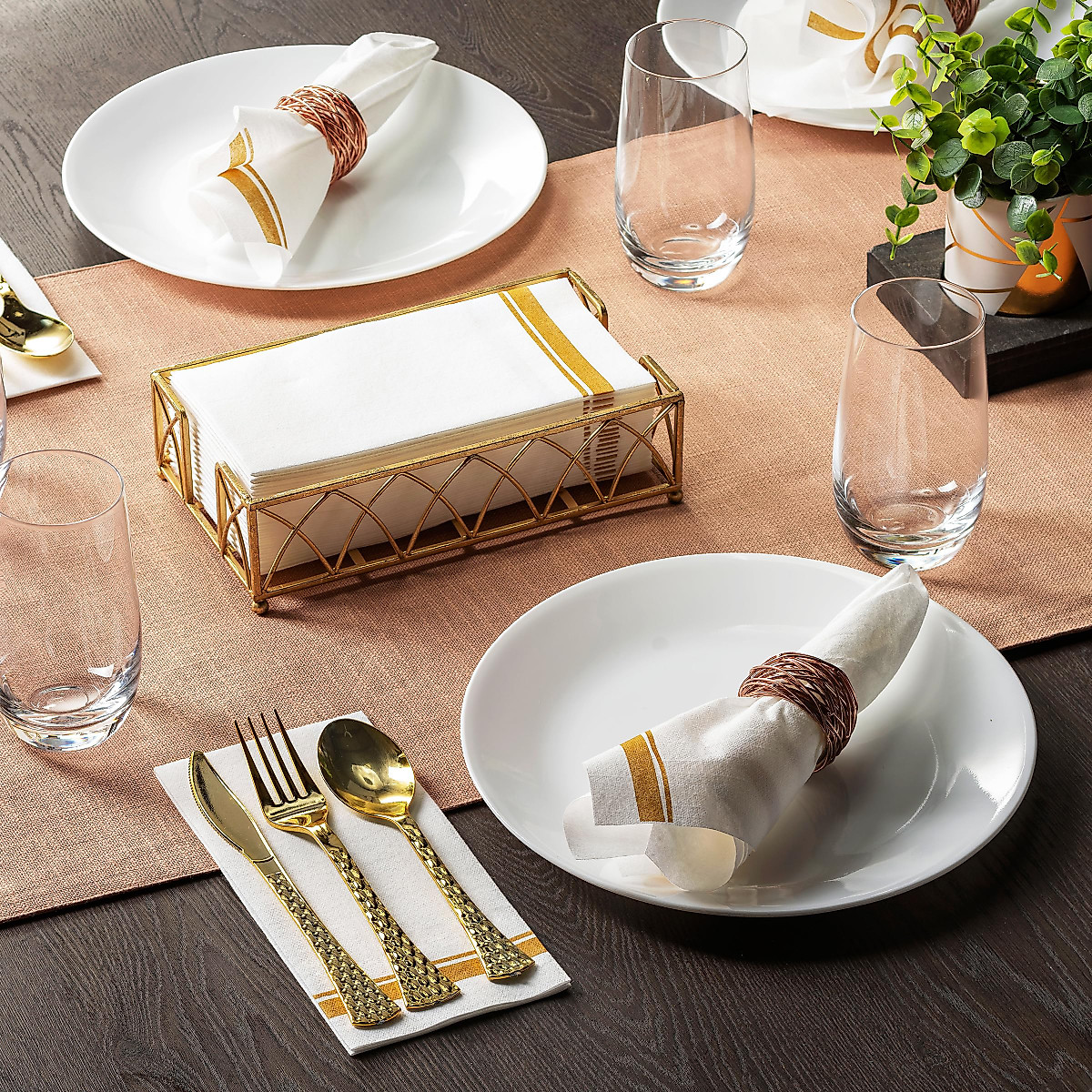 Disposable Linen-Feel Peper Napkins, Decorative White Guest Towels, 12" x 17" Gold Line Hand Napkins For Wdding, Party Or Event - Pack of 100
