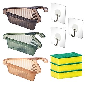 Kitchen Sink Drain Basket, Swan Basket Strainer Pack-3, Adjustable Kitchen Triangle Sink Filter with Sticky Hook and Cleaning Sponges Set of 3,for Kitchen Sink Faucet Hangs