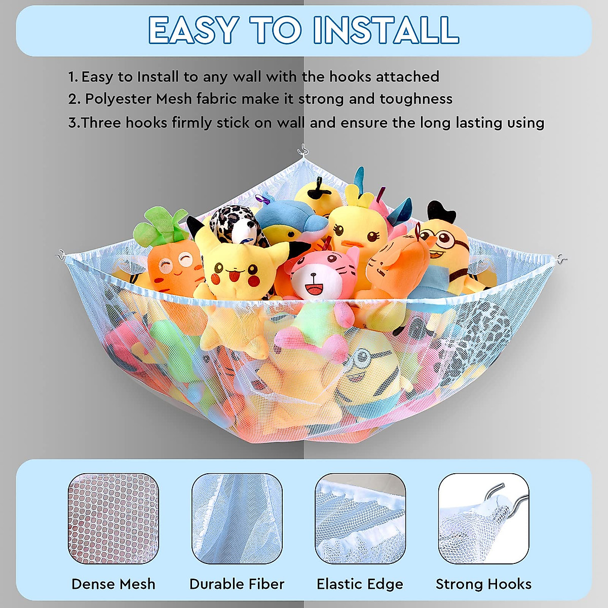 Stuffed Animal Hammock, 2 Pack, Nursery and Playroom Toy Storage Net Organizer for Plush Toys, Kids Bedroom Décor, Rip-Resistant Stuff Animals Holder with Hanging Hardware by Ziz Home