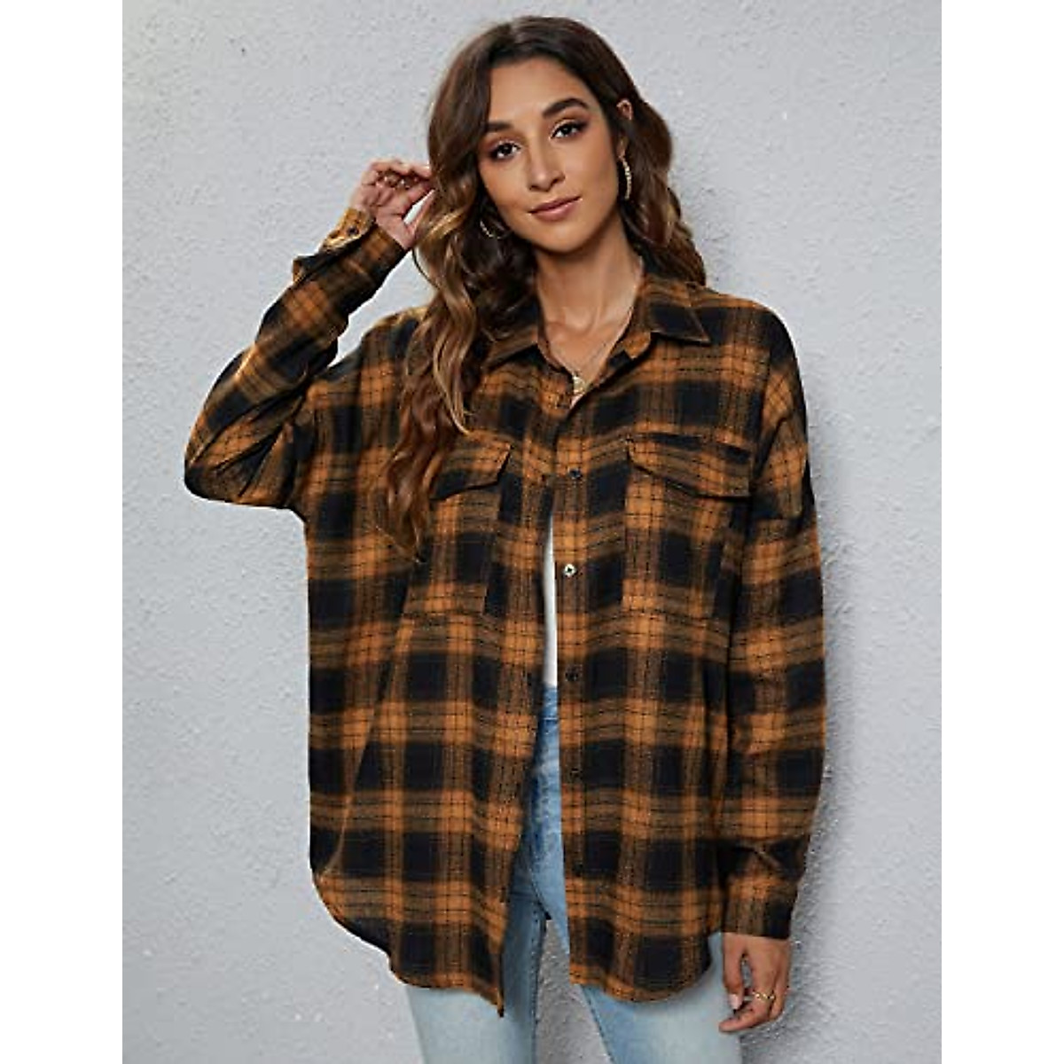 Blooming Jelly Women's Button Down Shirts Long Sleeve Collared Business Casual Tops Work Blouses V Neck Flannel T Shirts (Medium,Brown Plaid)