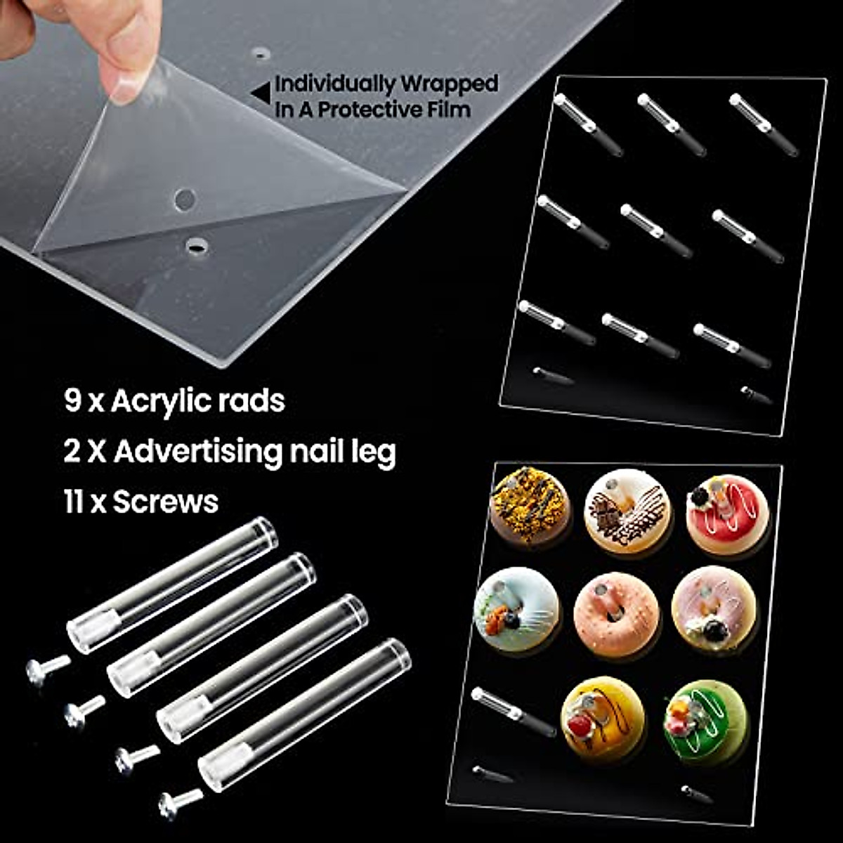 4 Pack Acrylic Donut Stand Clear Donut Board Donut Stand Holder Square Donut Display Wall Stand Clear Donut Stand with 9 Pillars for Party Wedding Birthday Decorations