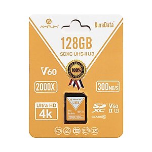Amplim 128GB V60 UHS-II SD SDXC Card, 300MB/S 2000X Lightning Speed Performance, Extreme Read, U3 Secure Digital Memory Storage for Professional Photographer and Videographer