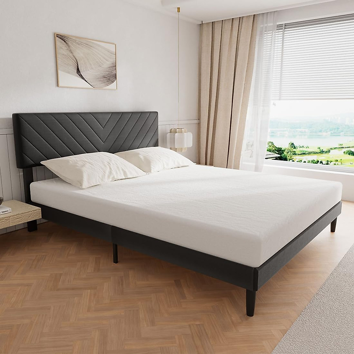 Upholstered Bed Frame Platform with High-Adjustable Headboard and Solid Wood Slats Support, Strong Weight Capacity, Non-Slip and Noise-Free,No Box Spring Needed, Easy Assembl,Grey (Queen)