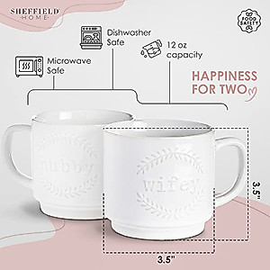 Sheffield Home Wifey and Hubby Coffee Mug Set- White Ceramic Couples Coffee Cups- Cute Set of 2 (12 oz Each) Stackable Mugs Sets- Engagement Mugs for Couples