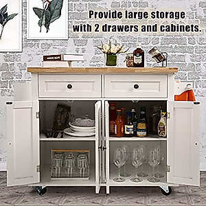 NSdirect Kitchen Island Cart,Kitchen Bar&Serving Cart Rolling on Wheels with Spice Rack Towel Holder Utility Storage Trolley with Storage Drawers for Home Hotel Kitchen Dinning Room(White)