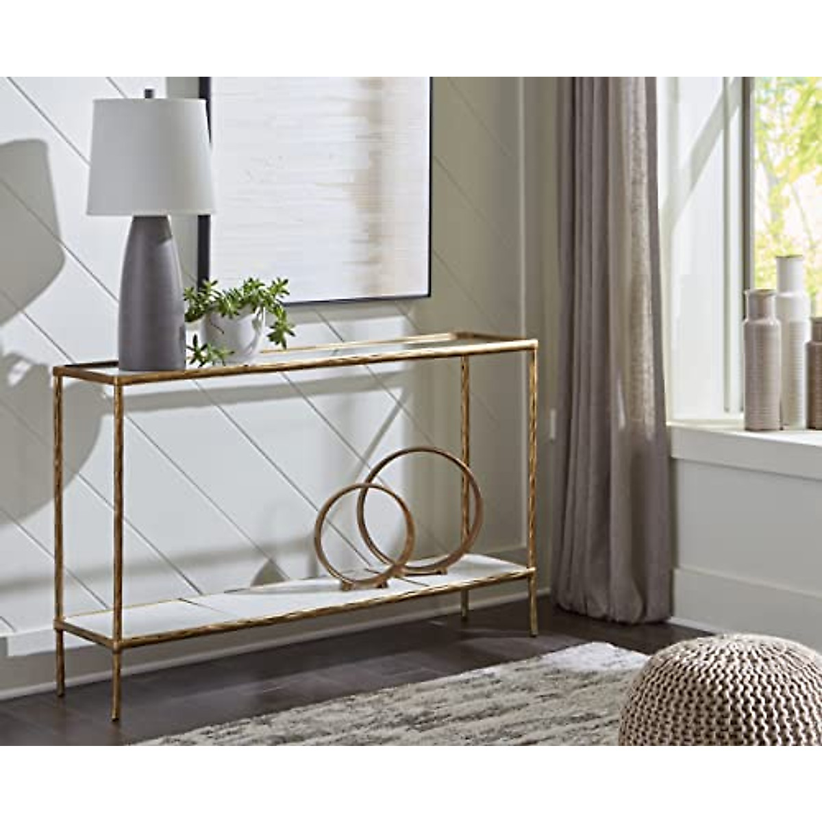 Signature Design by Ashley Ryandale Modern Console Sofa Table, Antique Brass Finish