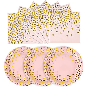 CENLBJ Pink and Gold Paper Plates & Napkins - 50 Pack - 25 * 7in Plates & 25 * 6.5in Napkins - Party Supplies for Birthdays, Receptions & All Occasions