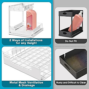 Large Under the Sink Organizer Bathroom, 2-Tier Kitchen Under the Sink Organizers and Storage with 4 Hooks, Cabinet Storage Shelves No Drilling Rustproof Stainless Steel Pull Out Shelf, White