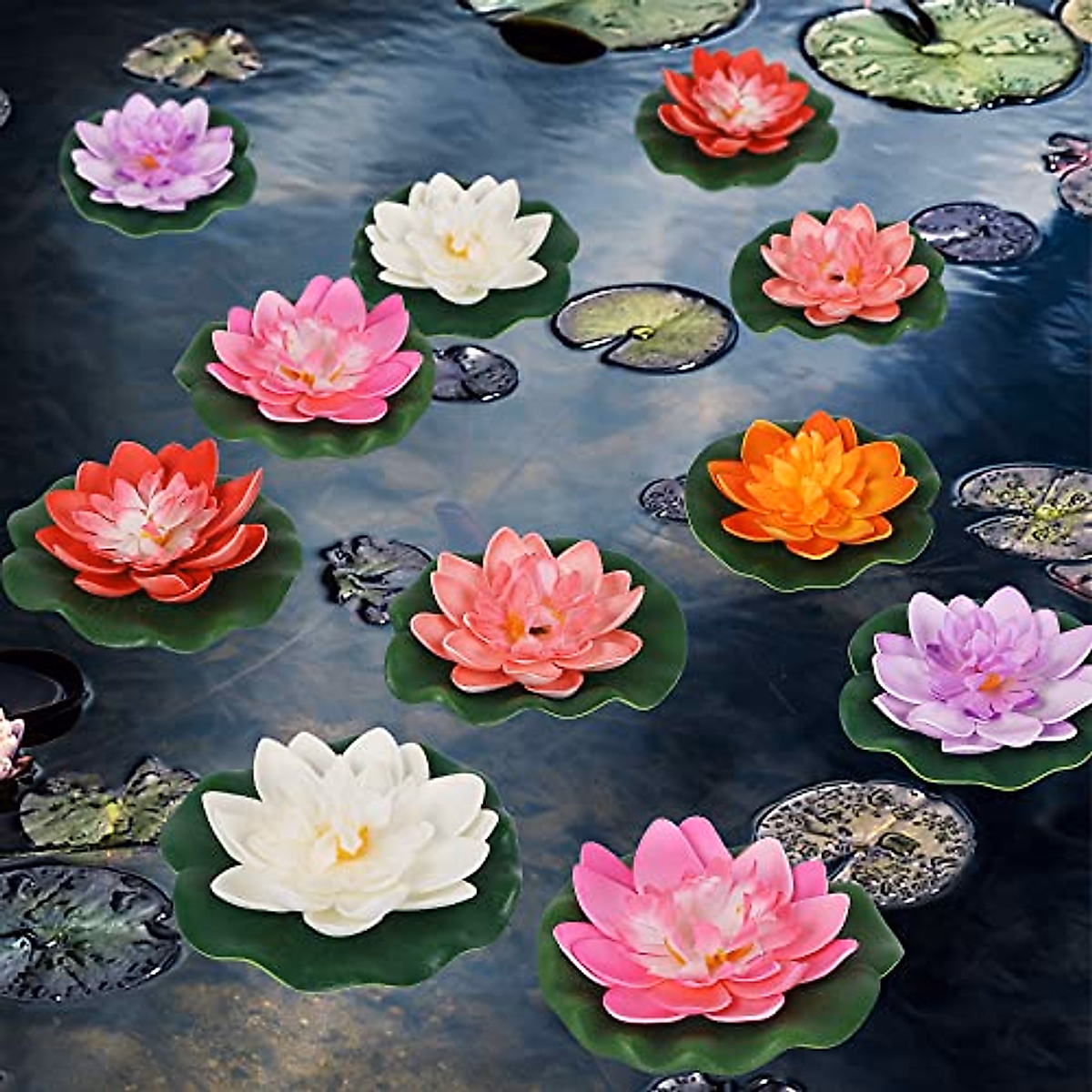 Happy Trees 12 Pcs Artificial Floating Foam Lotus Flower with Water Lily Pad, Lifelike Ornanment Perfect for Home Garden Pond Decoration