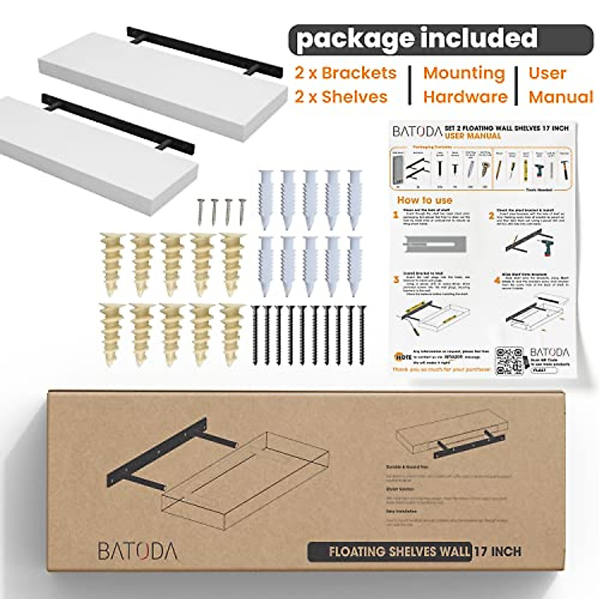 BATODA 17" White Floating Shelves Wall Mounted for Bathroom – Rustic Farmhouse Wooden Wall Storage Shelf for Bed Room, Kitchen, Home Décor - Brackets Included -17x 6x1.2 Inch (17 Inch)