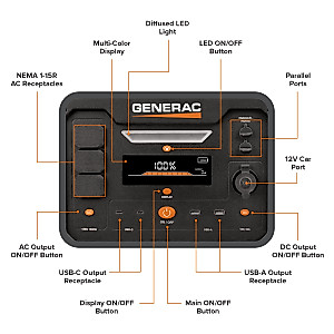 Generac GB1000 1086Wh Portable Power Station with Lithium-Ion NMC - Clean, Emission-Free Power - Fast Solar Charging and Compact Design - Wireless Charging Pad for Camping, RV, Indoor/Outdoor Use