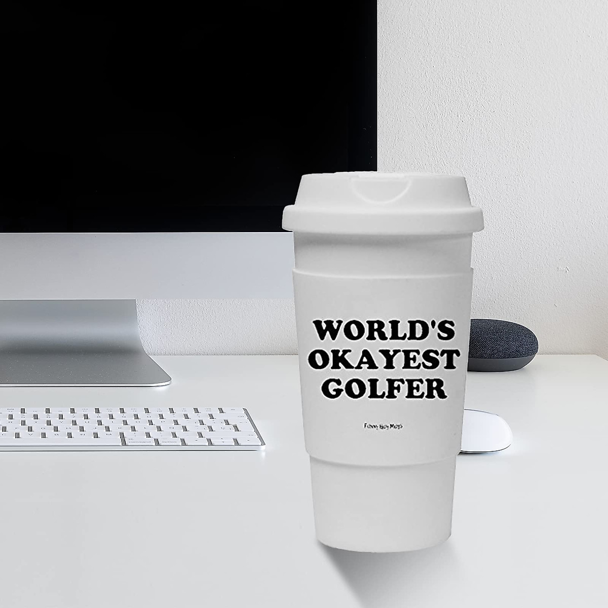 Funny Guy Mugs World's Okayest Golfer Travel Tumbler With Removable Insulated Silicone Sleeve, White, 16-Ounce