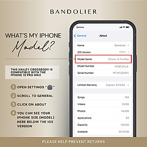 Bandolier Hailey Crossbody Wallet Phone Case for iPhone 15 Pro Max. 100% Genuine Pebble Leather with Pewter Hardware. Adjustable & Removable Strap. Expandable Flip Card Holder. Black with Pewter