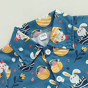 Balaflyie Toddler Boy Easter Outfits Short Sleeve Bunny Shirt Button Down Blouse Solid Shorts Set Summer Clothes (Dark Blue, 18-24 Months)