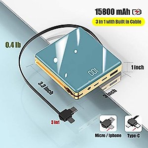 OYEALEX 3 in 1 with Built in Cable Portable Charger 15800mAh Cell Phone Battery Backup Ultra Slim Mini Power Bank with LCD Display Compatible with iPhone iPad Android Samsung Galaxy and More (Blue)