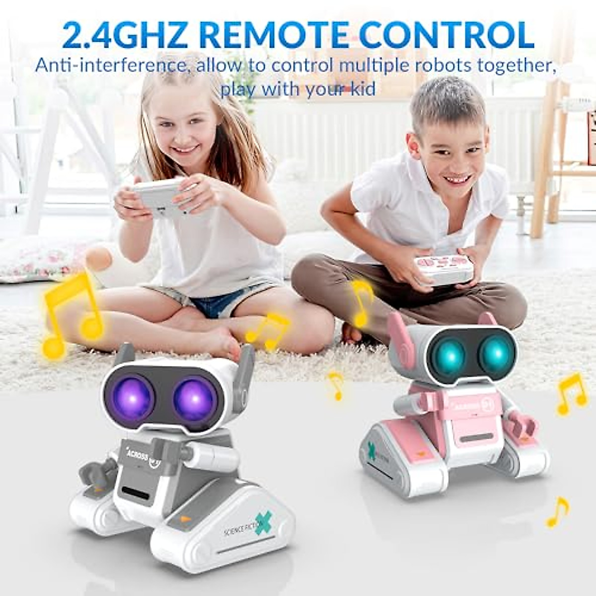 STEMTRON RC Robot Toys for Kids, Rechargeable Remote Control Robot Toy for Boys & Girls, with Auto Demo, Dance Moves, Music, Shining 7 Colors LED Eyes & Flexible Head, Ears & Arms
