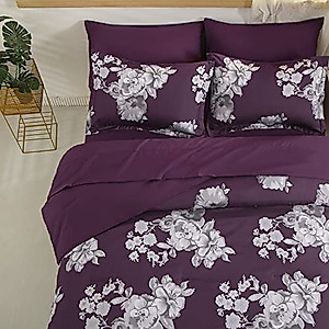 ALAOOKKA Queen Comforter Set 7 Piece Bed in a Bag,Grey Floral Printed on Purple Botanical Design Comforter with Sheets,Microfiber Bedding Set for All Season(Purple,Queen)