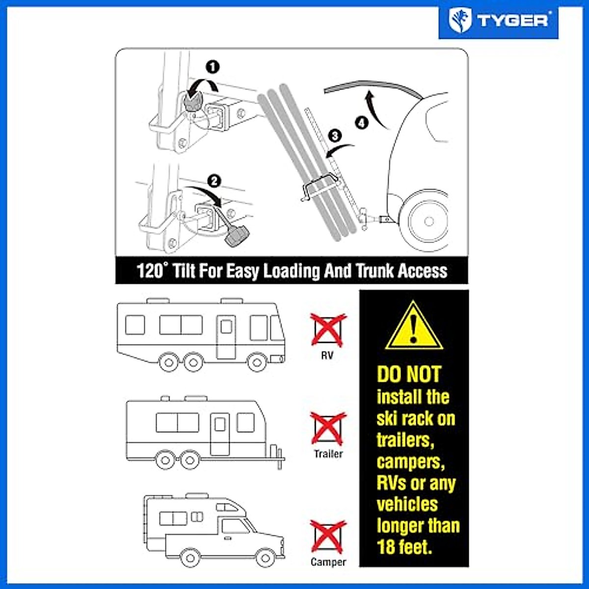 Tyger Auto TG-RK1B707B Folding Hitch-Mounted Ski/Snowboard Rack Fits 2" or 1.25" Receiver Carries 6 Pair Skis or 4 Snowboards | Key Lock | Security Strap | Vertical Adjustable | Tilt Access