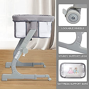 RONIPIC Baby Bassinet, Height & Angle Adjustable Bedside Sleeper, Bedside Crib with Mattress & Storage Bag, Easy Folding Portable Crib Infant Baby Bed, Grey