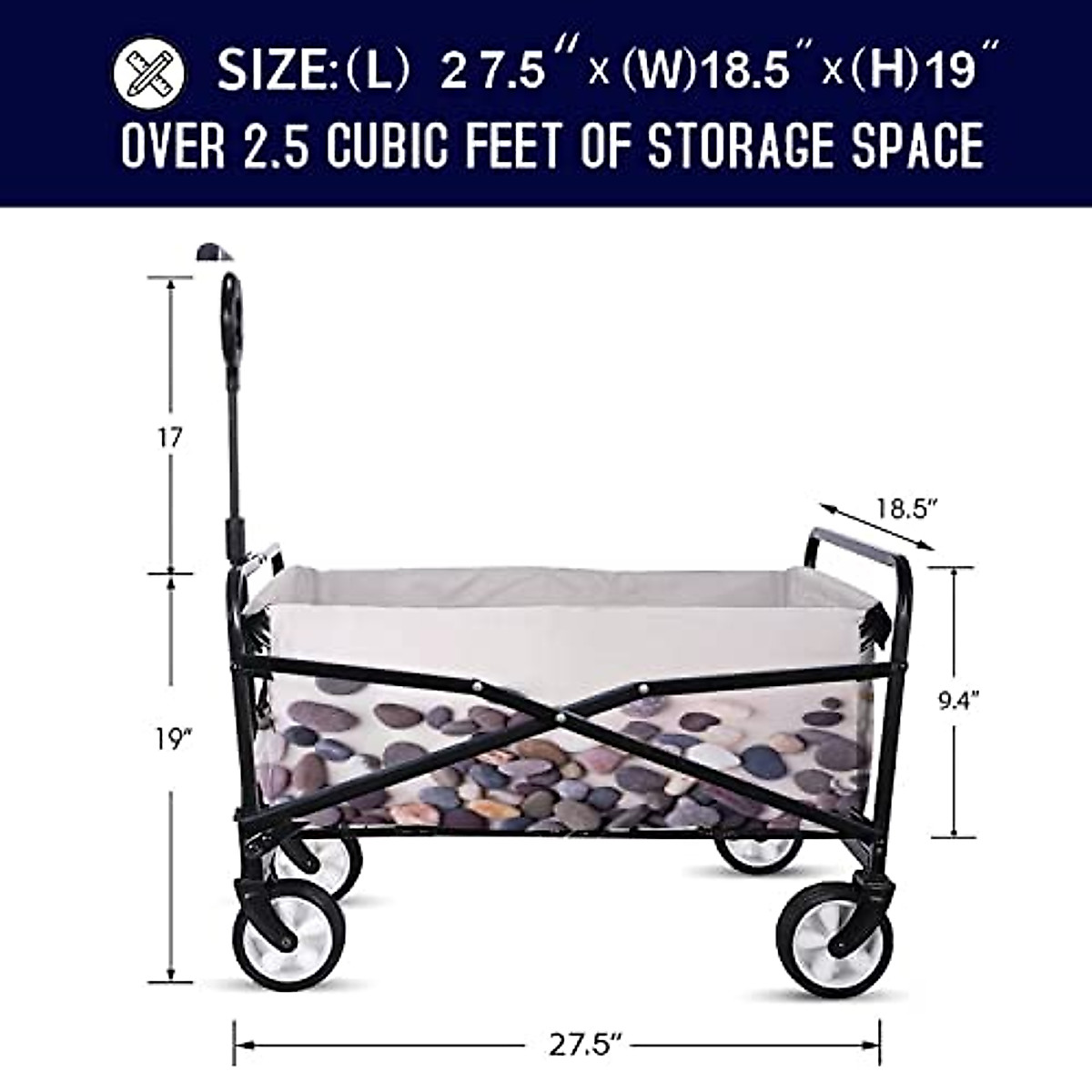 Collapsible Wagon Cart Varied Pebbles on White top View Foldable Utility Wagon Large Capacity Garden Cart with Push Bar for Beach Camp Outdoor Shopping