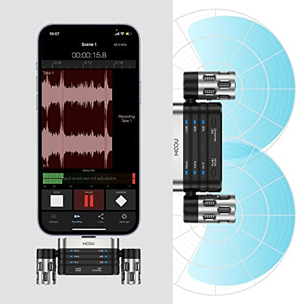 MOOU RHK26 Portable Microphone for iPhone/iPad, Dual Track Digital Stereo Condenser Microphone, 180°Rotatable & 3 Modes+Mic Sensitivity Adjust for Recording, MFi Certified Professional Microphone
