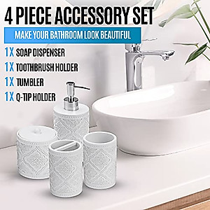 Kralix 4 Piece White Bathroom Accessories Set, Modern White Soap Dispenser Set, White Toothbrush Holder Set, Tumbler and Qtip Holder, Embossed White Bathroom Decor Accessory Set, Accesorios para Baño