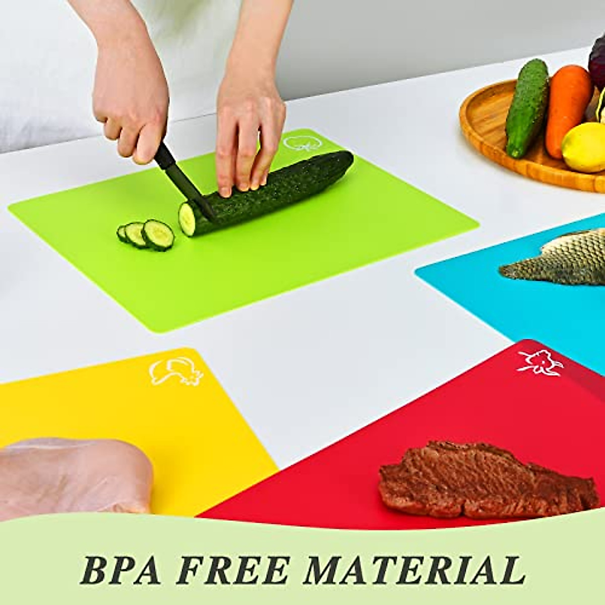 Elyum Cutting Boards, Colored Cutting Mat Flexible Plastic Cutting Board Set Chopping Board with Food Icons, Dishwasher Safe Cutting Boards for Kitchen Meat and Vegetables (Set of 8, 14.6" x 11")