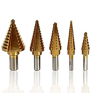 5 Pcs HSS Titanium Coated Step Drill Bits Set SAE Sizes Bits Shank 3/16" 1/4" 3/8"