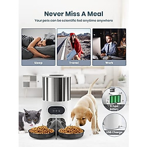 Automatic Cat Feeder, WHDPETS WiFi Cat Food Dispenser for 2 Cats & Dogs, 304 Stainless Steel Pet Feeder with Feeding Mat, 2-Way Splitter, APP Control, 10s Voice Recorder, Dual Power Supply