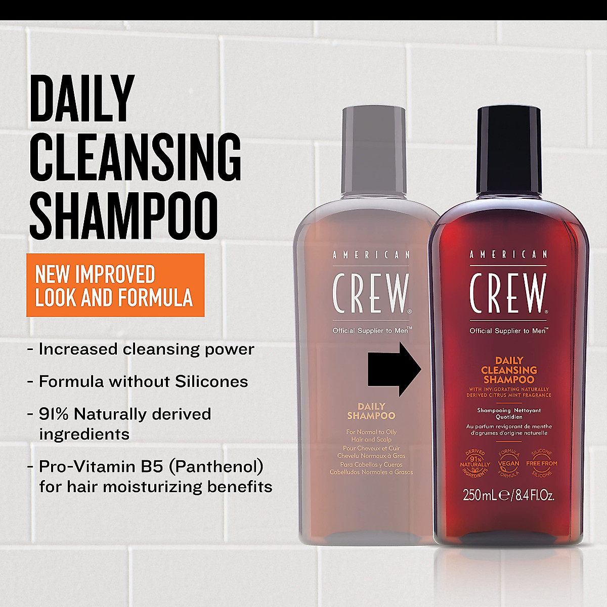 American Crew Shampoo for Men, Daily Cleanser, Naturally Derived, Vegan Formula, Citrus Mint Fragrance, 33.8 Fl Oz