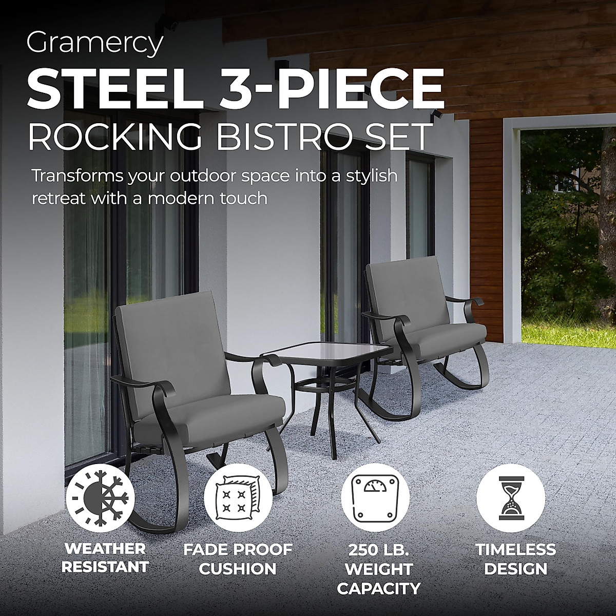 Four Seasons Courtyard Gramercy 3 Piece Cushioned Rocking Chairs Outdoor Backyard Patio Furniture Bistro Set with Square Side Table, Charcoal Gray