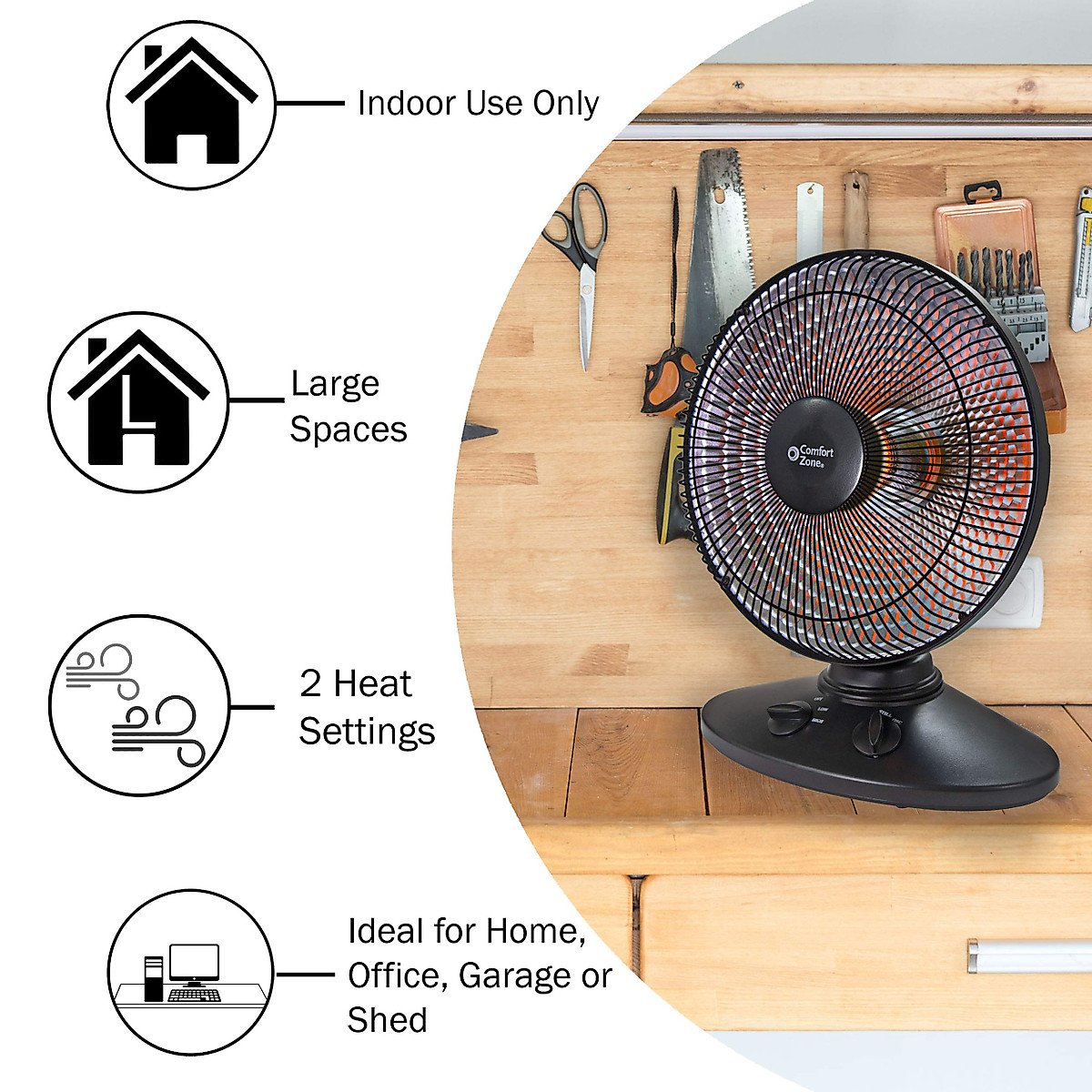 Comfort Zone Indoor Dish Space Heater with 70-degree Oscillation, Parabolic, Radiant, Electric, Adjustable Tilt, Tip Over Switch & Overheat Protection Sensor, Ideal for Garage, Workshop, 1,000W, CZ998