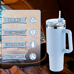 Xereizo 40 oz Tumbler with Handle and Straw, Leak Proof Stainless Steel Insulated Travel Coffee Tumbler Cups Lid and Straw, Iced for 40 Hours Cupholder Friendly Water Bottle Mug, Glacier, Light Blue