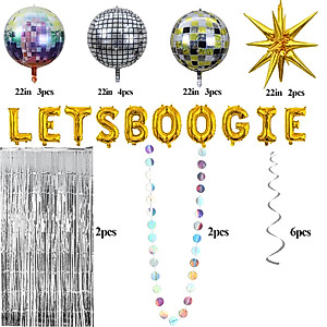 Vurxanqo Disco Party Decor，Disco Ball Balloons，70s 80s 90s Theme Party Decor，Silver Backdrop Curtain，Silver Fringe Sequin Backdrops，Bachelorette B'day Iridescent Streamers Party Decor，Silver，Gold