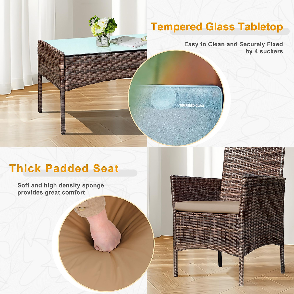 PROHIKER 4 Piece Outdoor Wicker Patio Conversation Furniture Set, Rattan Chair Wicker Sofa Garden Conversation Sets with Cushion and Glass Table for Yard Pool or Backyard, Brown/Khaki