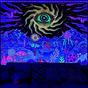 Uspring Blacklight Burning Sun Tapestry UV Reactive Sunset Mushroom Tapestry Hippie Eyes Tapestries Ocean Plant Tapestry Aesthetic Mountain Tapestry Wall Hanging for Bedroom(59.1 x 82.7 inches)