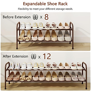 Gewudraw 2-Tier Shoe Rack Expandable, Width Adjustable Shoe Shelf Storage Organizer, 41.53'' Metal Standing Shoe Rack for Bedroom Entryway Closet, Holds up to 12 Pairs Shoes, Brown