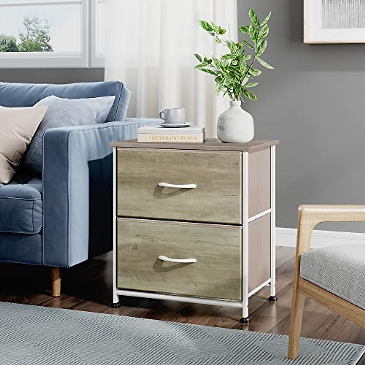 WLIVE Two 2-Drawer Nightstand and 5-Drawer Dresser Set, Fabric Dresser, Storage Organizer Unit with Fabric Bins for Closet, Living Room, Hallway, Nursery, College Dorm, Greige