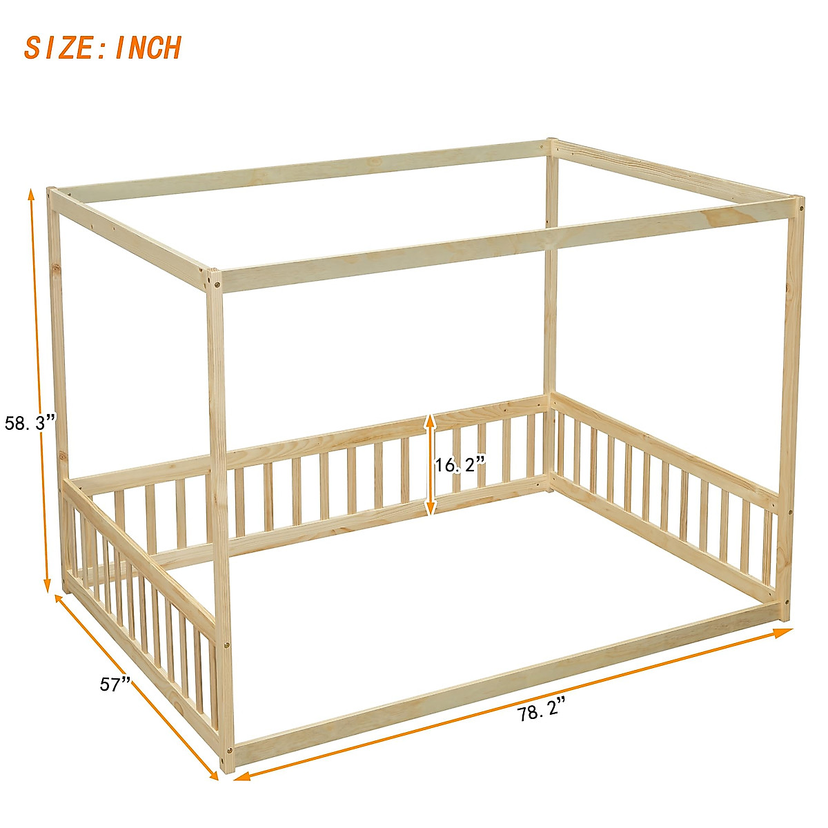Full Size Canopy Bed Frame with Guardrails for Kids,Floor Bed Full with Four Poster Design,Kids Montessori Floor Bed,Wood Canopy Bed Frame for Girls,Boys(Full,Natural)