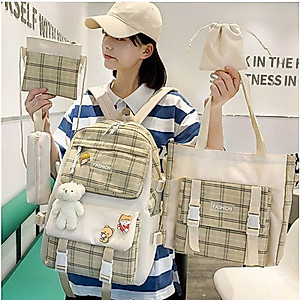 5Pcs Kawaii School Backpacks Combo Cute Bear Pendant Pins Plaid Check Back To School Supplies Canvas Schoolbag Daypack (Khaki)