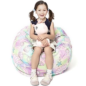 LOLOMLO Stuffed Animal Storage Bean Bag Chair Cover, Hold Kids Plush Toys Blankets Towels Beanbag (Cover Only), Canvas Floor Circle Stuff Sit Seat Sofa with YKK Zipper, Large 32", Pink Shell