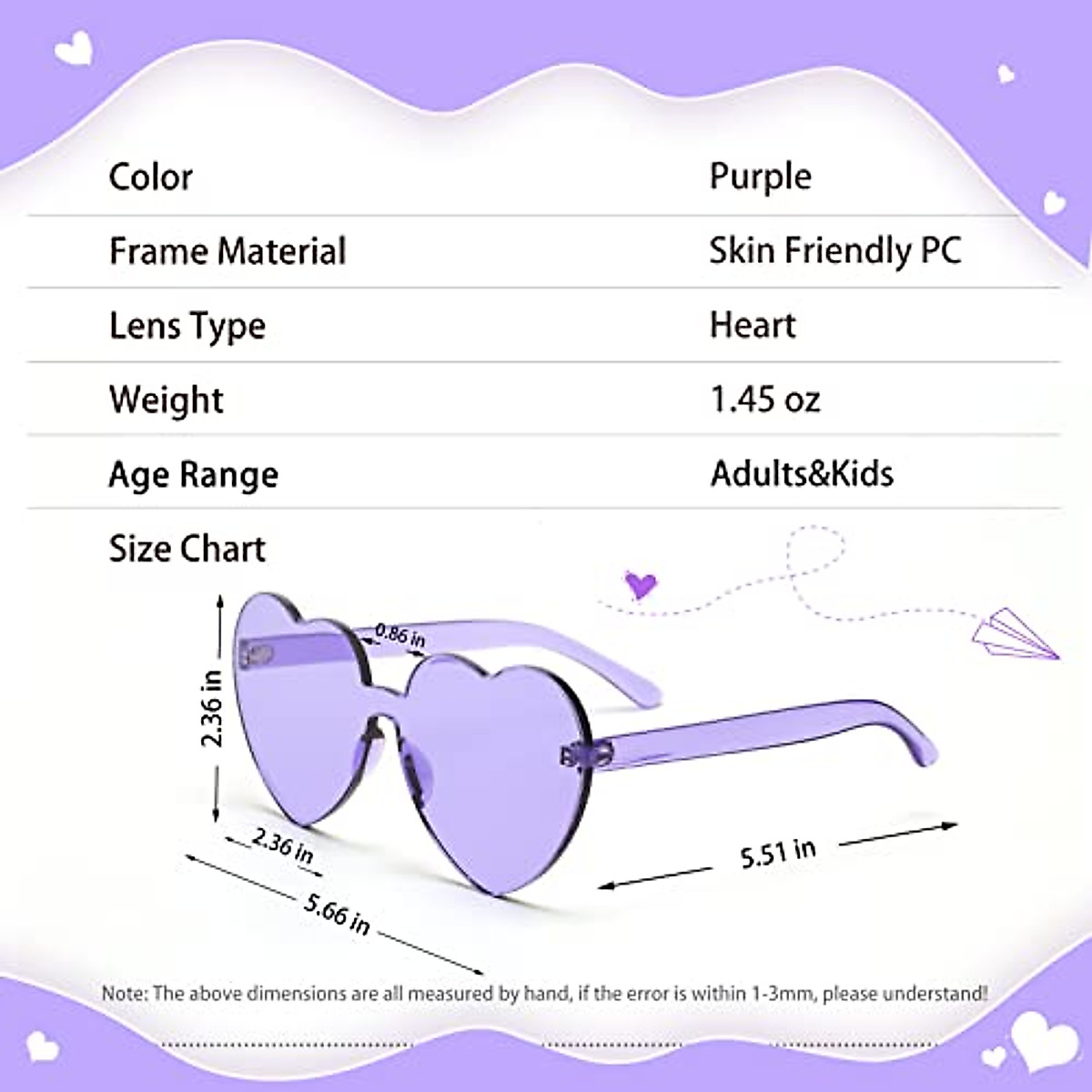 LUCKYCHRIS 2 Pcs Purple Heart Sunglasses for Women Oversized Heart Shaped Glasses Rimless Fun Sunglasses Pack for Bachelorette Party Favors