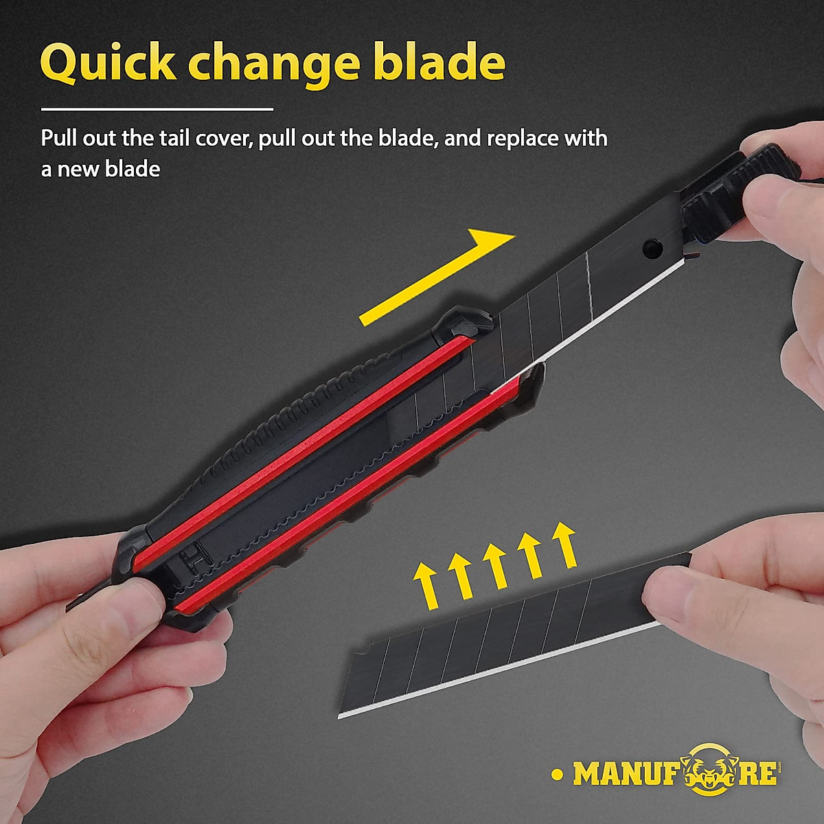 MANUFORE 18mm Utility Knife Heavy Duty Aluminum Alloy Snap-off knife with 10pcs Spare SK5 Steel Ultra Sharp Black Blade for Cutting Paper, Carpet, Cardboard Blue