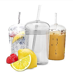 Maplefield Glass Tumbler with Dome Lid for Frappes, Smoothies & Iced Coffee - Dishwasher Safe Glass Tumbler with Straw - Spill-Resistant Iced Coffee Tumbler - Iced Coffee Cup - 16oz [Clear]