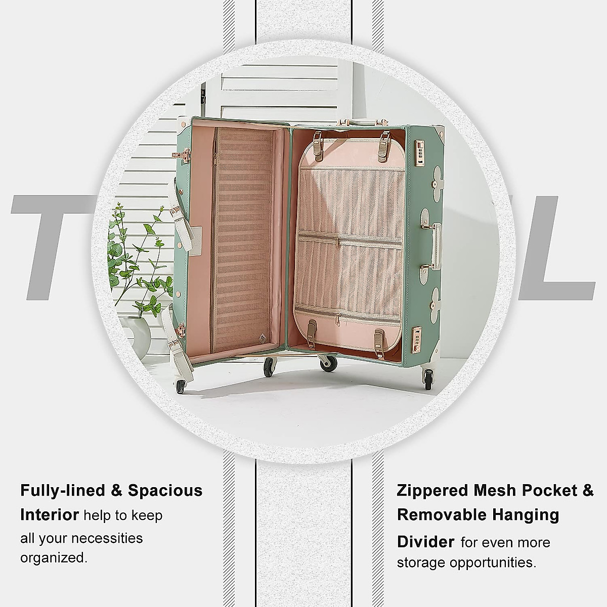 Unitravel 3 Piece Vintage Combination Suitcase Set, Hard Shell Retro Travel Trunk Luggage with Train Bag for Women (Matcha Green, 26"+20"+12")