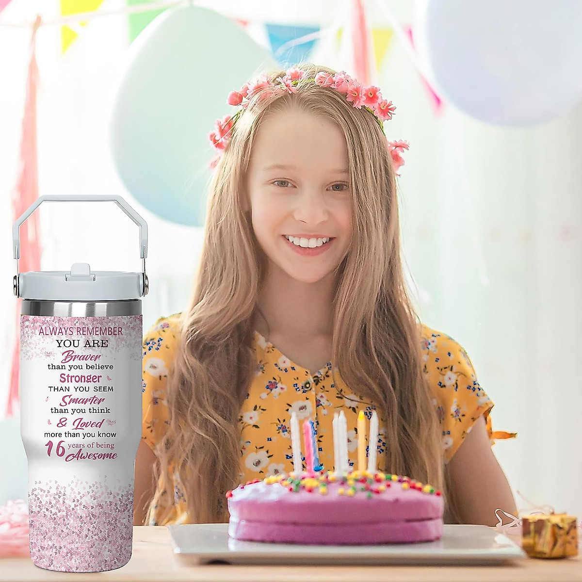 Dcohluk 16 Year Old Girl Birthday Gift Ideas 40oz Tumbler Sweet 16 Gifts for Girls, Sweet 16 Cups Gift for 16 Year Old Girl, 16th Birthday Gifts for Girls, Stainless Steel Mug with Handle & Straw