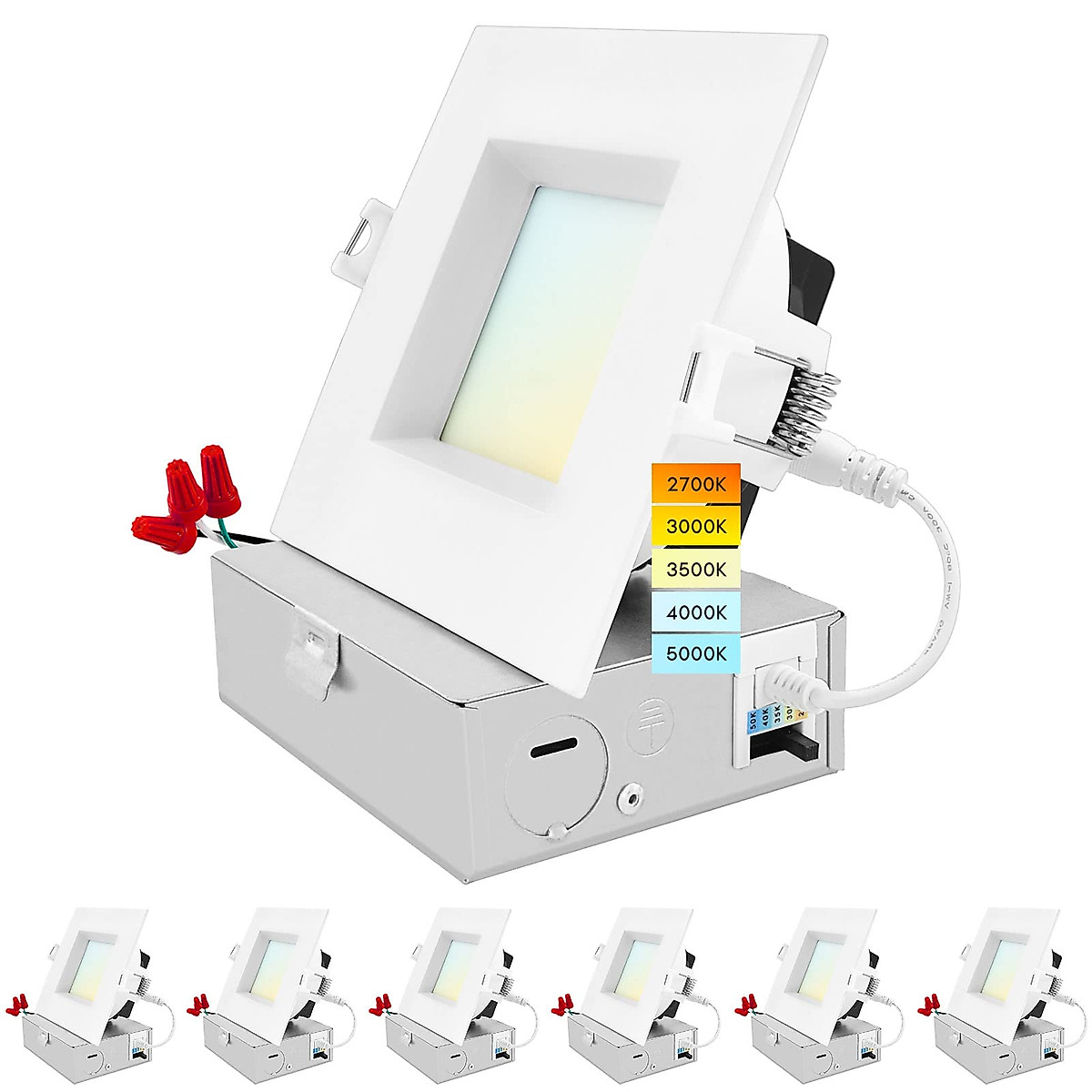 LUXRITE 4 Inch Square LED Recessed Ceiling Light with Junction Box, 15W, 5CCT Selectable 2700K/3000K/3500K/4000K/5000K, 1300LM High Brightness, Dimmable Canless Downlight, Wet Rated, ETL (6 Pack)
