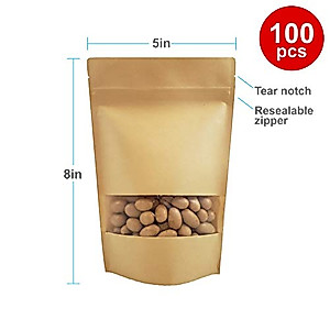 Kraft Stand Up Bags Pouches with Window & Zipper for Food Storage 5" x 8" x 2.7" (Up to 4oz) 100 pcs