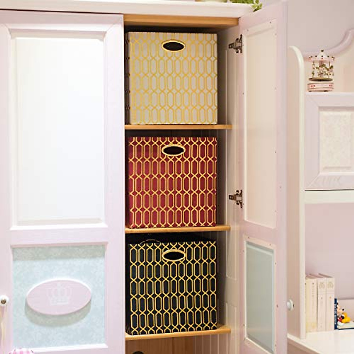 Posprica Storage Bins, Storage Cubes,13×13 Fabric Drawers Organizer Basket Boxes Containers (13×13×13/2pcs, Black/Gold Geometry Pattern)